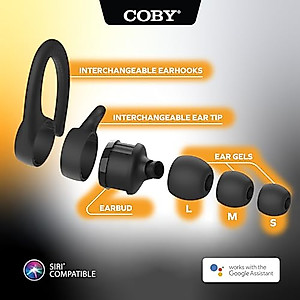 Coby True Wireless Bluetooth Earbuds | Interchangeable Ear Hooks & Tips | Sweat-Resistant |14-Hours Play Time | Drop-Proof Charging Case | Wireless Headphone w. On-Ear Controls | Gym Ready | Black