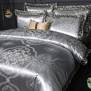 Beyeutao Jacquard Queen Size Duvet Cover Elegant Gray Bedding Set Lace Satin Duvet Set 3 Piece Duvet Cover Pillowcases.(Gray, Queen)