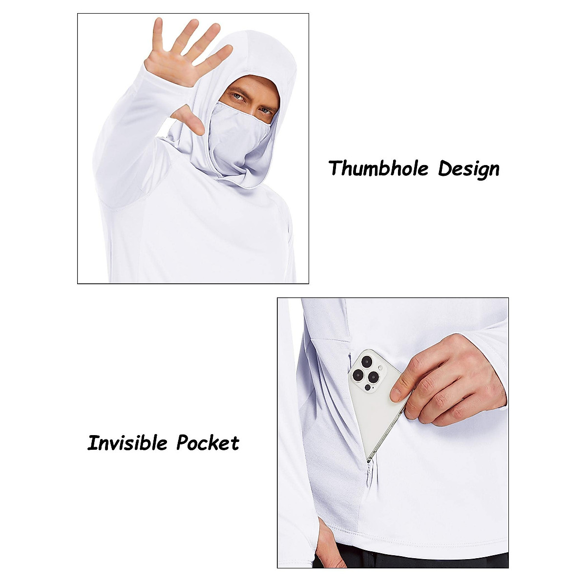 Hooded Fishing Shirts for Men UPF 50+ Long Sleeve Hoodie with Mask Lightweight SPF Sweatshirts Rash Guard Camo Neck Gaiter