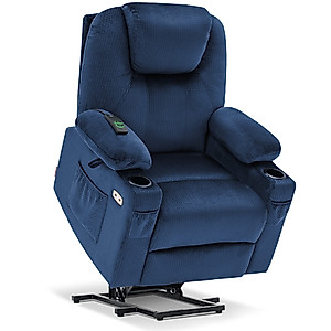 MCombo Medium Power Lift Recliner Chair Sofa with Massage and Heat for Elderly, 3 Positions, Cup Holders, and USB Ports, 2 Side Pockets, Fabric 7040 (Medium, Yale Blue)