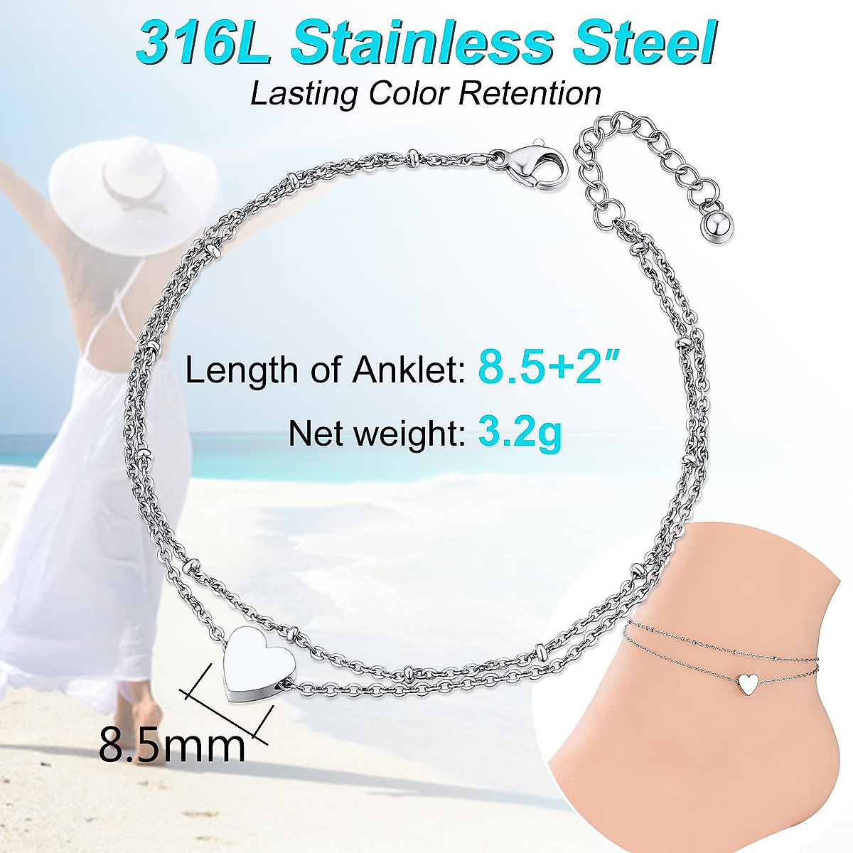 Ankle Chains for Women Stainless Steel Heart Anklet Sterling Silver Color Layered Anklets