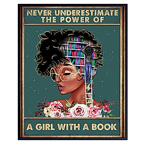 Never Underestimate a Girl With a Book - African American Wall Art - Black Woman Poster - African American Girl, African American Women, Black Women - Motivational Wall Decor - Positive Black Wall Art