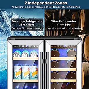 COSTWAY Wine and Beverage Refrigerator, 24 Inch Dual Zone Under Counter Wine Cooler w/Lock, 19 Bottles & 57 Cans Beverage Fridge Cooler, Built-In or Freestanding Beer Wine Fridge for Home Kitchen Bar