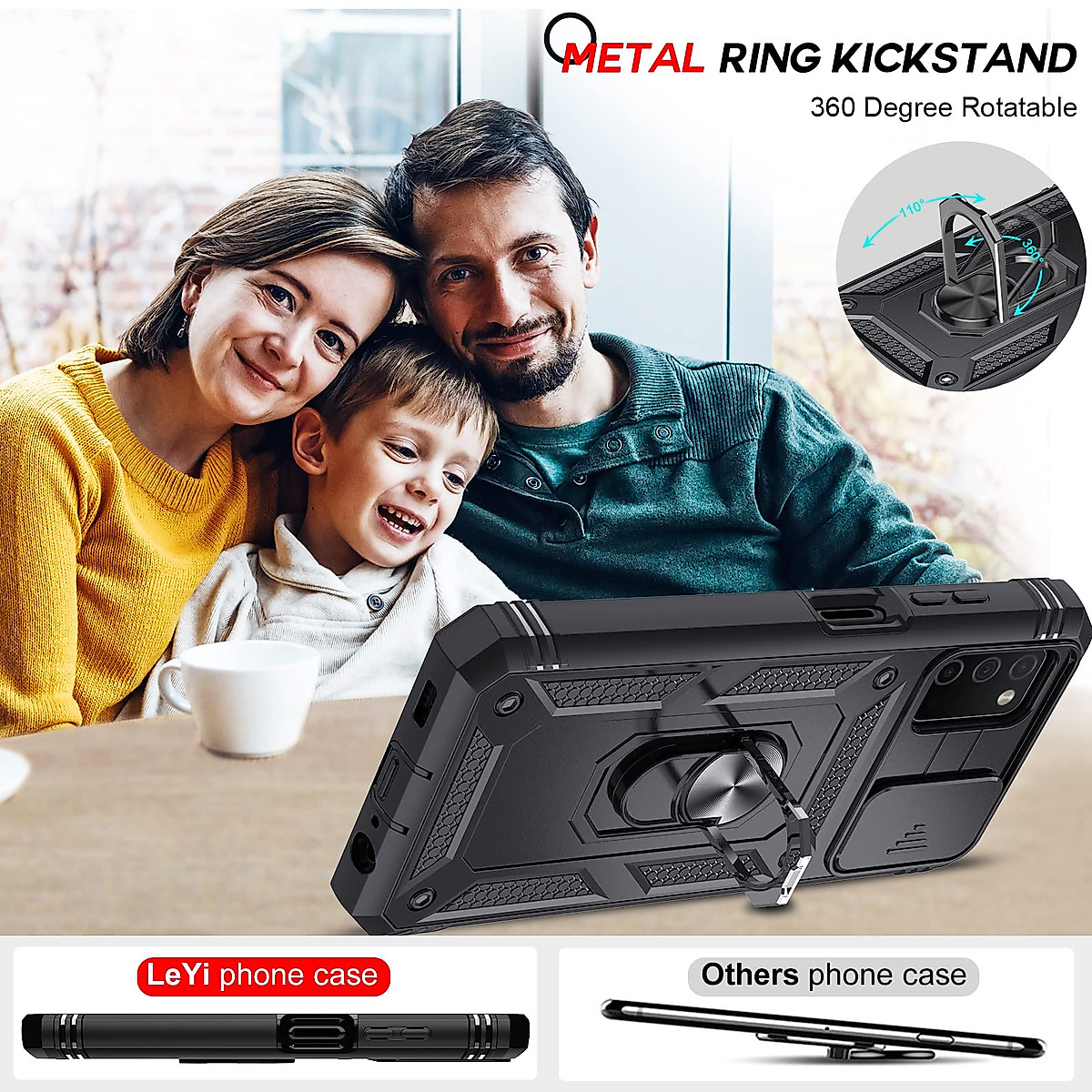 LeYi Compatible for Samsung Galaxy A03s Phone Case: Galaxy AO3s Phone Case with Slide Camera Cover + [2 Packs] Screen Protector, 360 Full Body Military-Grade Phone Case with Kickstand for A03s, Black