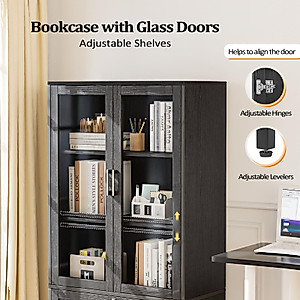 VINGLI Lateral File Cabinet with Glass Doors and Locking Drawer for Hanging File Folders, Bookshelf with Adjustable Shelves for Home Office (Black, 30''W x 16''D x 55''H)