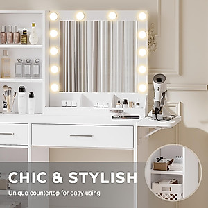 FITSCROPR Vanity Desk with Drawers & Mirror with Lights, with Drawers & Cabinet 3 Shelves Lots Storage for Stylish Bedroom,White