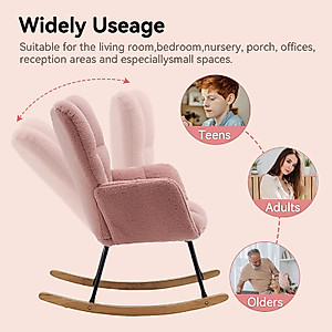 Nursery Rocking Chair Teddy Fabric Padded Seat with High Backrest and Armrest Accent Chair Upholstered Armchair Single Sofa Accent Glider Rocker for Living Room Bedroom Offices (Pink Teddy)