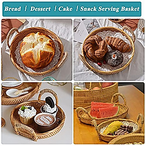 Rattan Round Serving Tray with Handle for Coffee Table Wicker Woven Small Large Bread Basket Storage Bathroom Home Decorative Tray Organizer Tabletop for Remotes, Candles, and Vase (Set of 2)