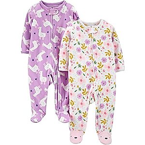 Simple Joys by Carter's Baby Girls' Fleece Footed Sleep and Play, Pack of 2, Purple Llama/Floral, 3-6 Months
