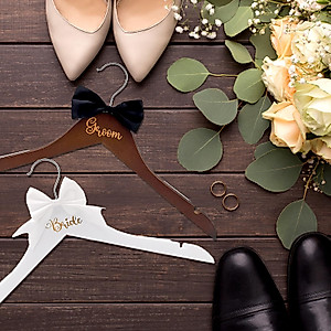 Ahzemepinyo 2 Pcs Bride and Groom Wedding Dress Hanger Wooden Wedding Hanger with Bow Tie Mr and Mrs Hangers Bride to Be Wedding Dress Hanger Wooden Hangers Wedding Gift Bridal Party Shower Gift