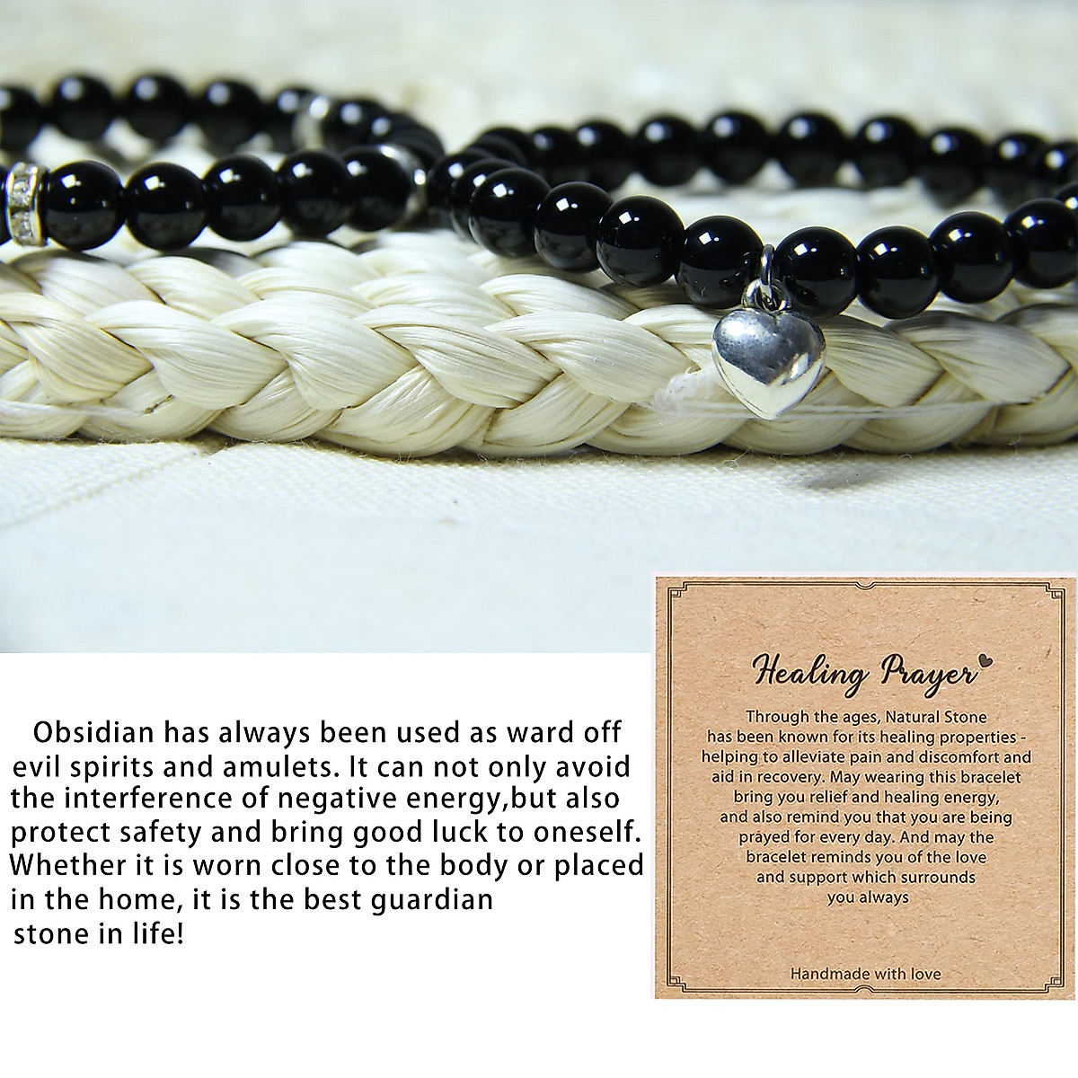 Healing Bracelets for Women - Black Obsidian Bracelet - Healing Prayers Crystal Bracelet, 8mm Natural Stone Stress Relief Yoga Beads Get Well Soon Gifts