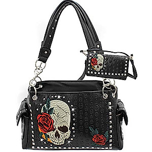 Rhinestone Skull Rose Western concealed Carry Handbag Purse Wallet Set