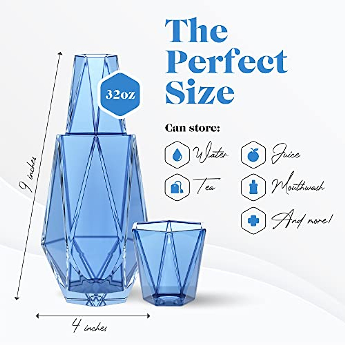 Modern Geometric Bedside Carafe | 2-Piece Set - Bedside Water Carafe | Glass Carafe with Cup that Doubles as Lid | Bedside Water Carafe and Glass Set in Blue (37oz)