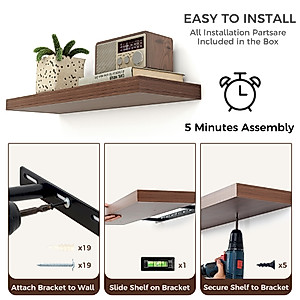 Floating Shelves for Wall, 2 Large Wall Mounted Shelves with Invisible Brackets, Long Wood Floating Wall Shelf Shelves for Living Room, Bedroom, Kitchen, Bathroom Decor (Walnut, 36" W x 8" D x 1.5" H)