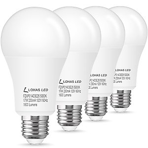 LOHAS A19 LED Light Bulbs 150W Equivalent, 17 Watt Daylight White 5000K LED Bulbs, 1600 Lumen Energy-Efficient LED Bulb(UL Listed), E26 Medium Base, Non-Dimmable, 4 Pack