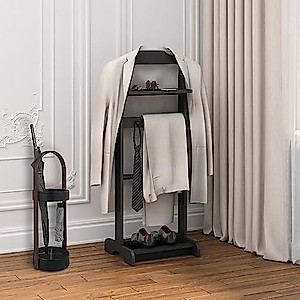 RELAHOGAR Men's Valet Stand, Black Wooden Clothes Stand with Tray, Freestanding Garment Rack Organizer for Enterway Office Bedroom