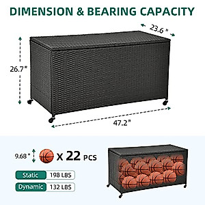 YITAHOME 120 Gallon Large Deck Box with Wheels, Woven Rattan Wicker Outdoor Storage Box, Waterproof Storage Container, Outdoor Cushions Storage-Pool Storage Bin - Brown