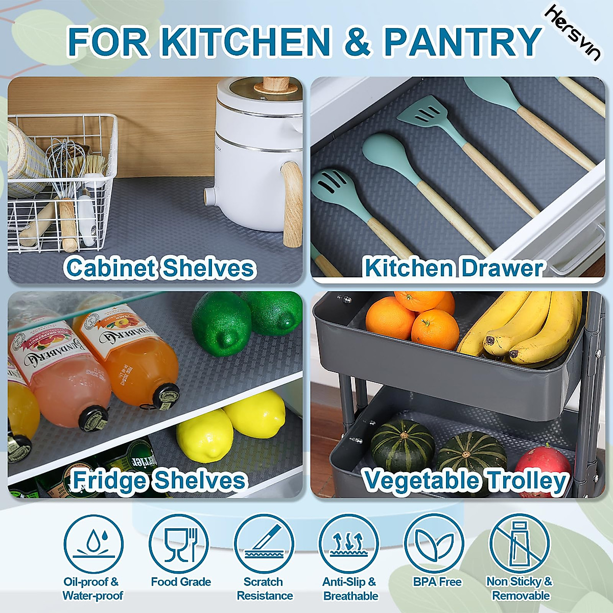 Hersvin Shelf Liners 24 in x 20 ft EVA Drawer Mats, Non-Adhesive Cupboard Pad, Kitchen Cabinet Lining Fridge Cushion (Gray/Crossed Stripe, 61x610cm)