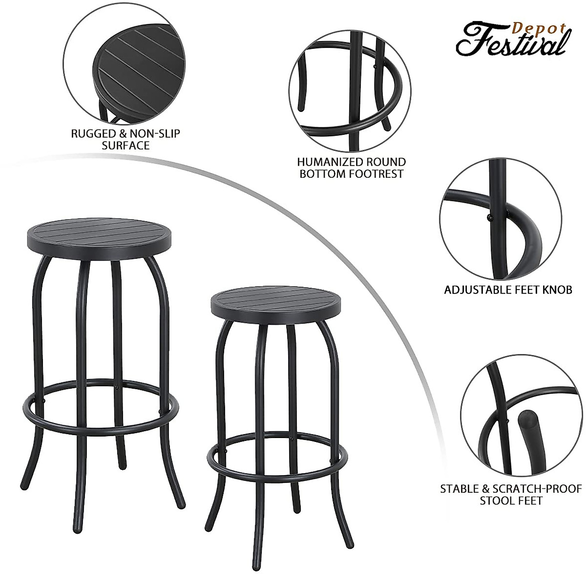 Sports Festival Patio Bar Stools set of 2 Small Round Top Metal Outdoor Furniture Bistro Backless Chair with Adjustable Feet Knob for Industrial Design Garden Porch Poolside Deck Backyard Club (Black)