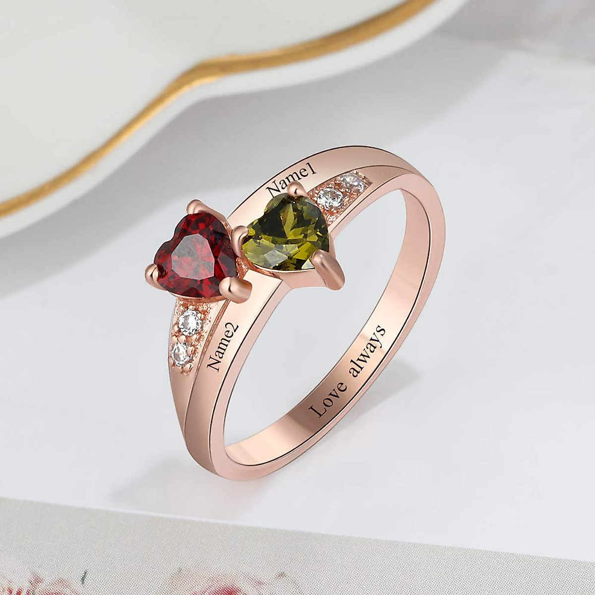 Personalized Promise Rings for Her Mother Rings with 2 Simulated Birthstones Custom Couples Name Ring for Women Rose Gold