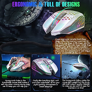 RICESTKCN Gaming Mouse PC Gaming Mice - Honeycomb Mouse Gamer RGB Gamingmouse Wired Ergonomic 6 Levels up to 8000 DPI 7 Programmable Buttons 7 Backlight Modes for PC Laptop Mac Windows Vista (White)