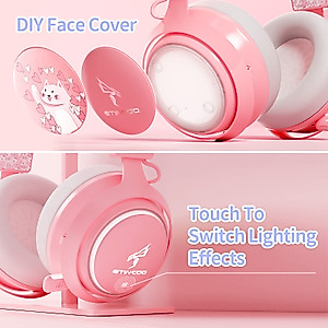 EASARS Cat Ear Headset, Pink Gaming Headset with Retractable Mic, 7.1 Surround Sound, RGB Lighting, Wired Headset for PC, PS4, PS5