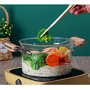 3QT Glass Cooking Pot 3L Glass Simmer Pot Compatible for Potpourri,Stove Top,Milk,Soup,Tea,Noodles,Microwave Cookware with Wooden Handle&Lid,Glass Saucepan with Cover,Heat-Resistant