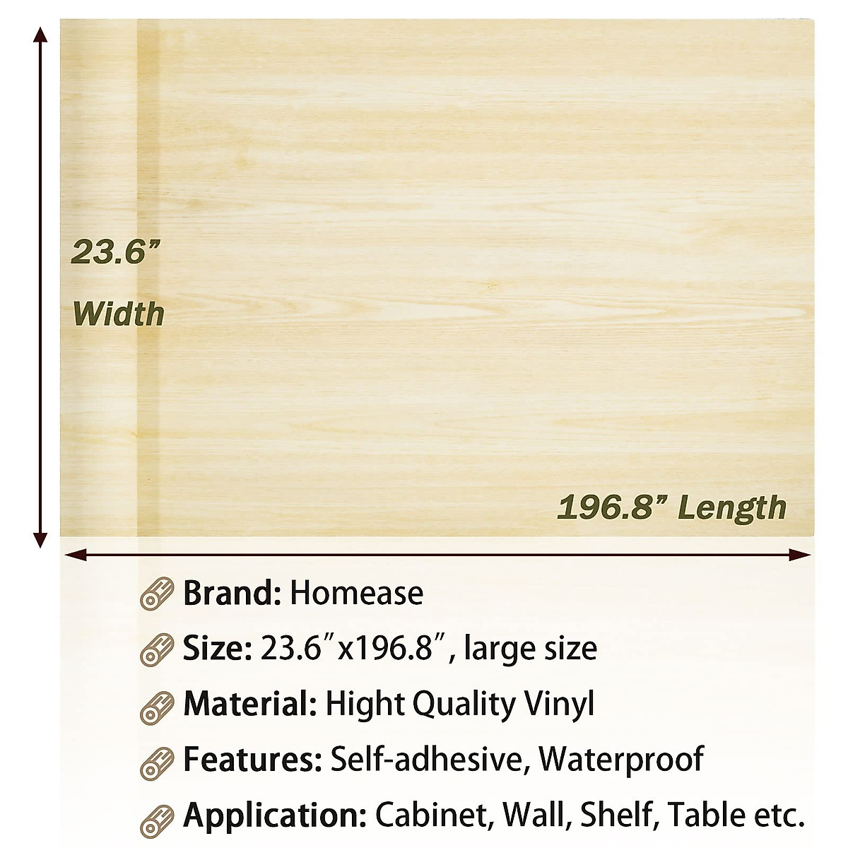 Homease Light Wood Contact Paper 23.6"x 196.8", Self-Adhesive Peel and Stick Wallpaper Waterproof Removable Realistic Wood Wallpaper for Cabinet Countertop Desktop Shelf Liner