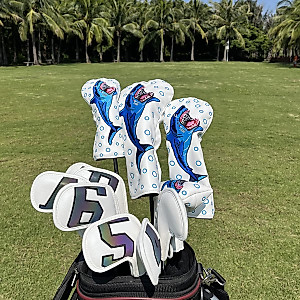 Big Shark Golf Driver Head Covers,1 Wood Driver Head Cover,Golf Wood Headcovers - White Synthetic Leather Durable Easy on Off Golf Club Protective fits for Taylormade Titleist Callaway