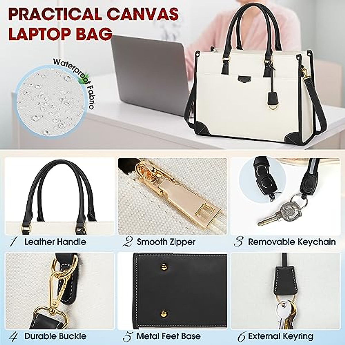 NUBILY Laptop Bag for Women 15.6 inch Lightweight Canvas Tote Waterproof Work Shoulder Bags Large Capacity Computer Professional Office Business Briefcase Casual Handbag Travel College, Black