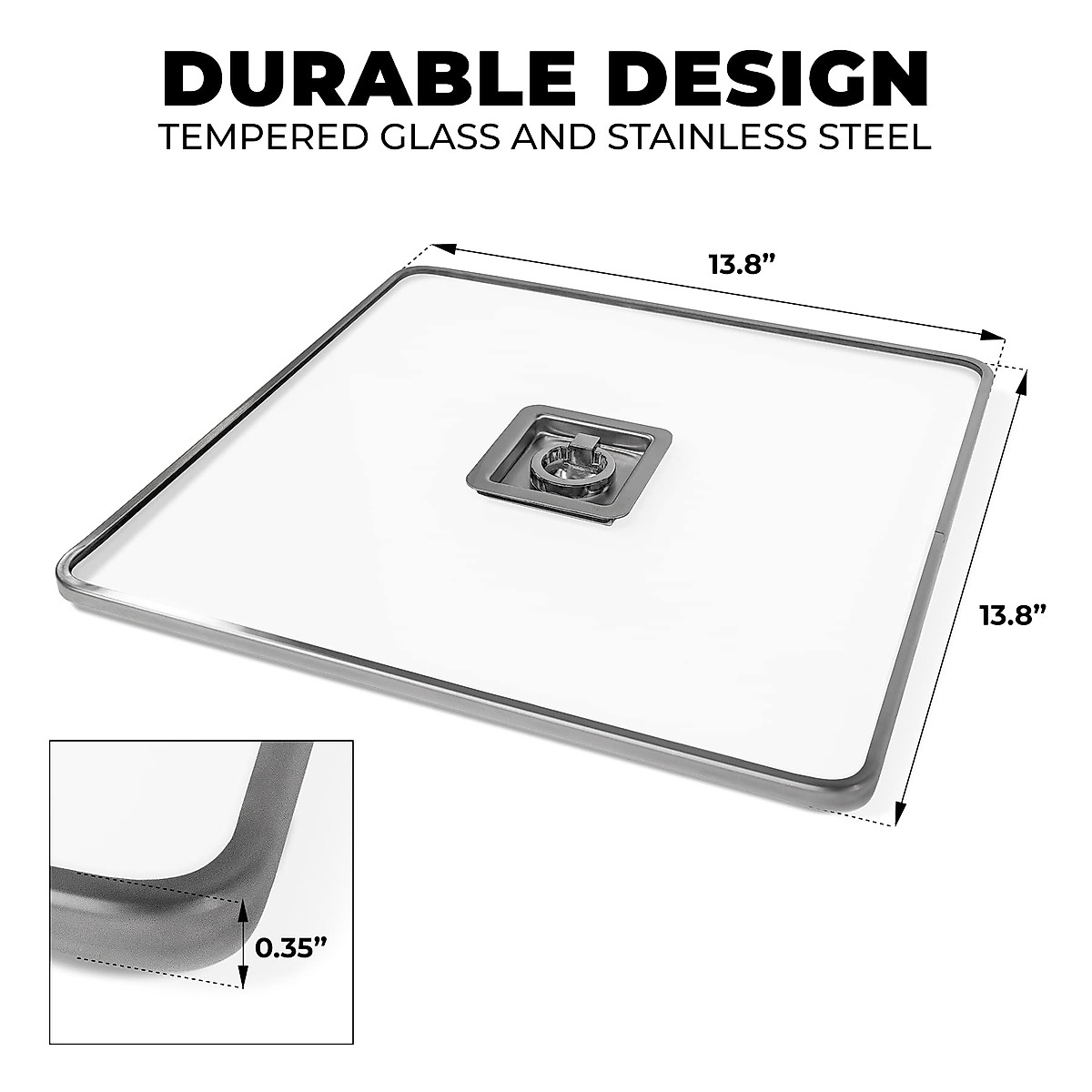 Outland Living Tempered Glass Square Firepit Insert Lid 13.8 x 13.8 x 0.35 Inch - Bracket Set For Storage Inside Fire Table, Stainless Steel Edge Trim - Compatible with Yaletown Model 420 Firetable