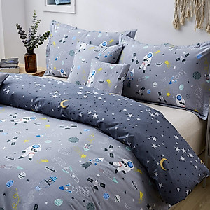 Brandream Boys Space Bedding Kids Bedding Sets Full Size Grey Astronaut 100% Cotton Duvet Cover Sets Reversible Zipper Closure(No Comforter Included)
