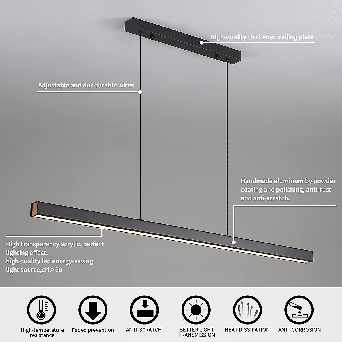 Mikeru Dimmable 3000k-6000k Linear Pendant, 39 Inch Modern LED Pendant Light with Remote Control, Adjustable Cable Suitable for Office Dining Room Kitchen Island, Billiard Room (39inch)