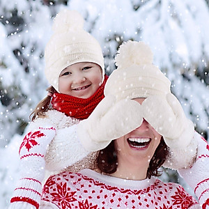 Winter Toddler Hat and Mittens Knit Earflap Hat and Fleece Mitten Gloves Set for Baby Boys Girls (White, 1-3 Years)