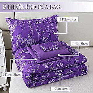 URBONUR Purple Comforter Set Full Size, 5Pcs Bed in A Bag Plant Floral Bed Set for Full Bed, Soft & Fluffy All Season Purple Bedding Set, Comforter, Flat Sheet, Fitted Sheet & Pillow Cases