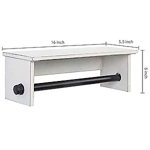 MyGift Wall Mounted Vintage White Wood Bathroom Display Shelf with Black Metal Industrial Pipe Towel Bar, Kitchen Paper Towel Holder