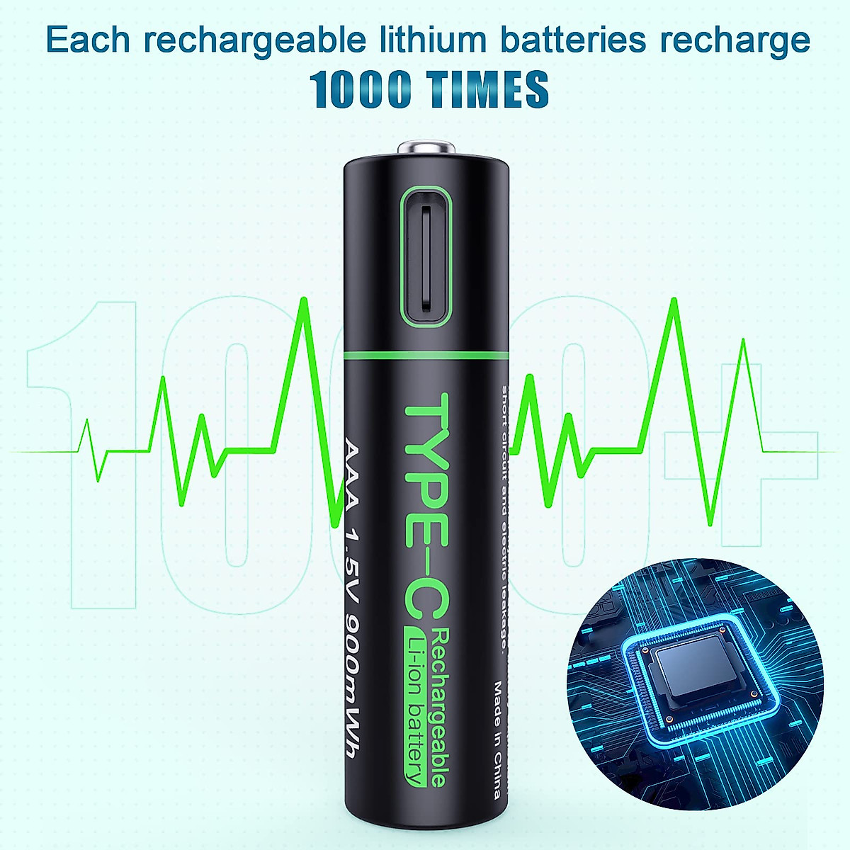 JWWYJ Lithium Rechargeable Batteries - 4Pack Smart Rechargeable AAA Batteries, Lithium Ion 1.5v 900mWh, 600 mAH, Type C Battery Charging Cable, LED Charge Indicator