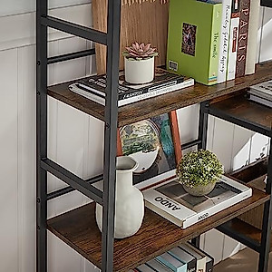 Elevon Bookshelf 5-Tier Open Bookcase, Triple Wide 70in Tall Display Shelf with 14 Open Display, Wood Shelf Metal Frame Floor Standing Unit for Living Room, Bedroom and Home Office - Rustic Brown