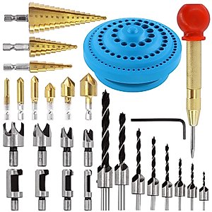 Rustark 26Pcs Woodworking Drill Bit Tool Set with High Speed Steel Three Pointed Countersink Drill Bits Wood Plug Cutter Automatic Center Hole Punch for Woodworking Drilling Countersinking