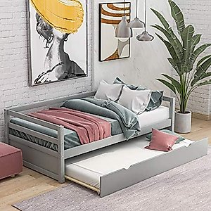 Merax Daybed with Trundle, Solid Wood Bed Frame for Teens/Adults, Easy Assembly, No Box Spring Needed, Gray