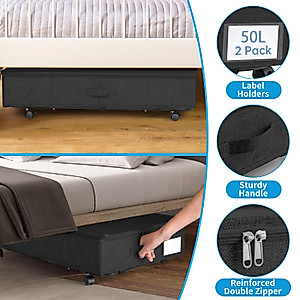boailydi Under Bed Storage with Wheels & Lid, 2PCS Underbed Storage Container, 29.5 x 15.7 x 8.7 in Tall, Blankets Clothes Comforters Shoe Storage Bag Drawers, Rolling Zippered Organizer Bin -Black