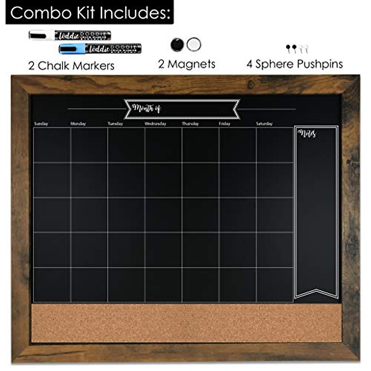 Loddie Doddie 18x24 Rustic Framed Chalkboard Calendar and Bulletin Combo Board. Includes Chalk Markers, Push-Pins and Magnets. Blackboard - Calendar - Cork Board. Perfect for Organizing Your Space