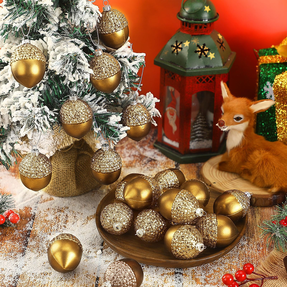 Lyrow 12 Pcs Christmas Acorn Ornaments Artificial Acorn Decor Farmhouse Small Hanging Ornament for Christmas Tree Plastic Mini Fake Acorns for Crafts Xmas Winter Party Decorations (Bronze)