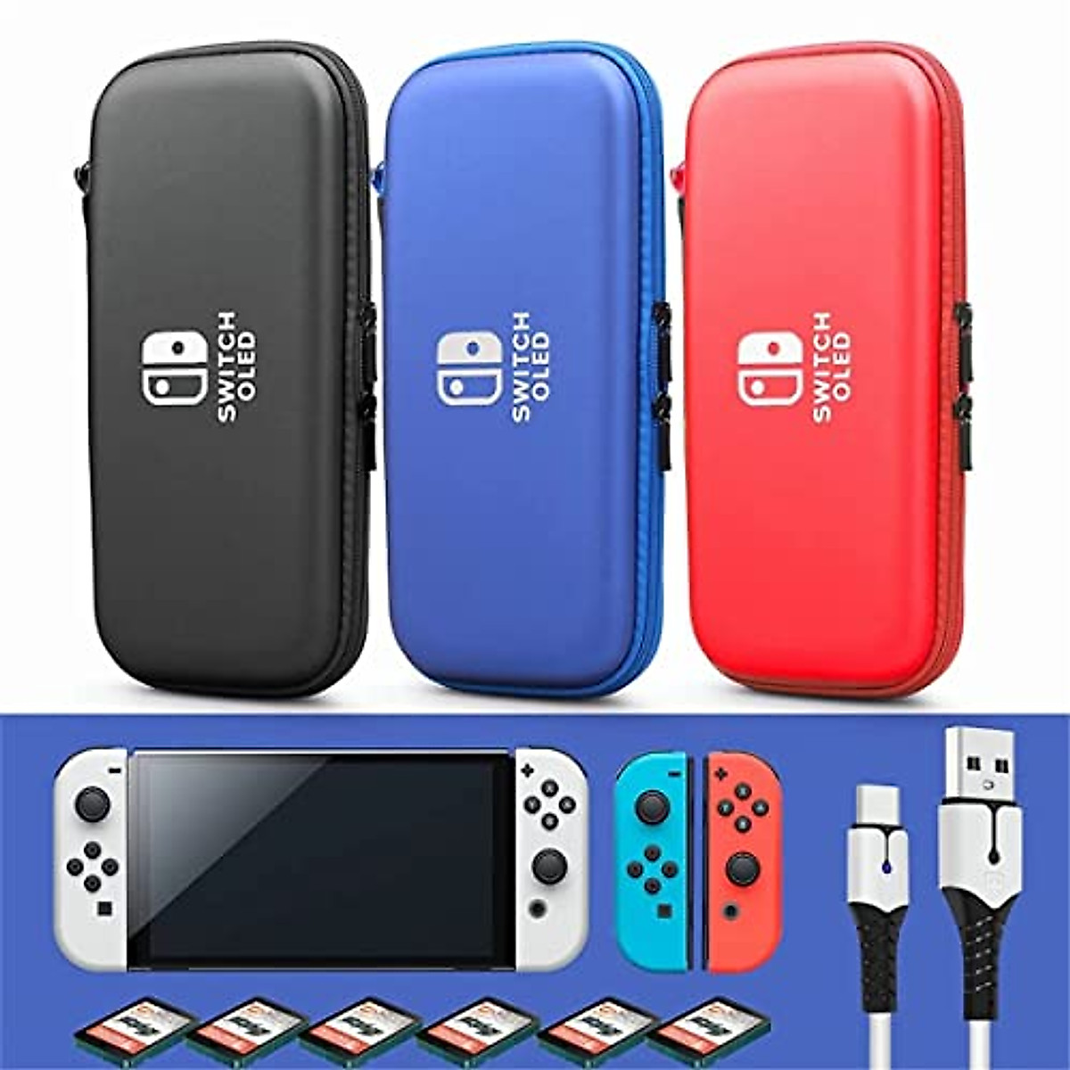 ELIATER Carrying Case Compatible with Switch OLED Model 2021, Accessories Bundle with Screen Protector, Clear Cover for Switch-Pro Controller, Silicone Skin for Joy-Con and 4 Thumb Grip Caps(Blue)