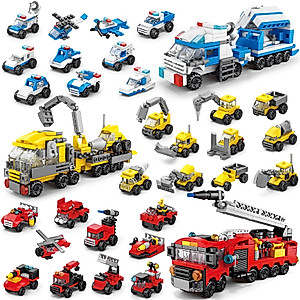 30Pack Mini Cars Building Blocks Party Favors for Kids - Small Fire Truck,City Police Car,Construction Vehicle for Goodies Bag Filling, Classroom Prizes for Boys 6-12