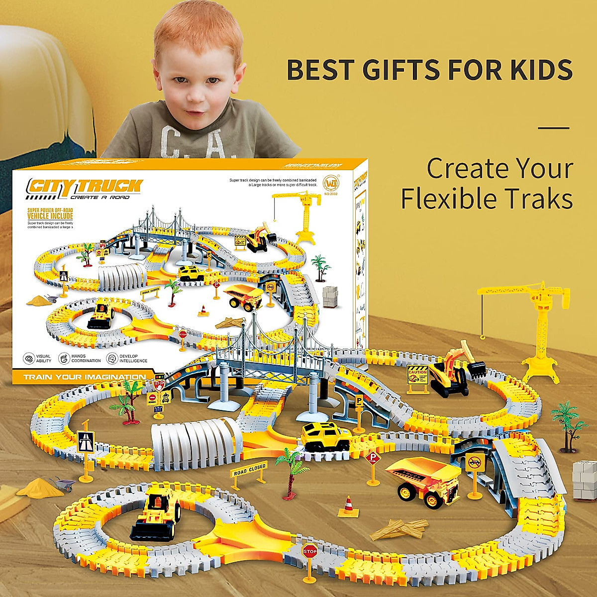 LIKID 346PCS Construction Race Tracks for Kids Boys Toys,Track Series,Construction Car and Flexible Track Playset Create A Engineering Road Toys for 3 4 5 6 7 8 Years Old Boys Girls DIY Gift