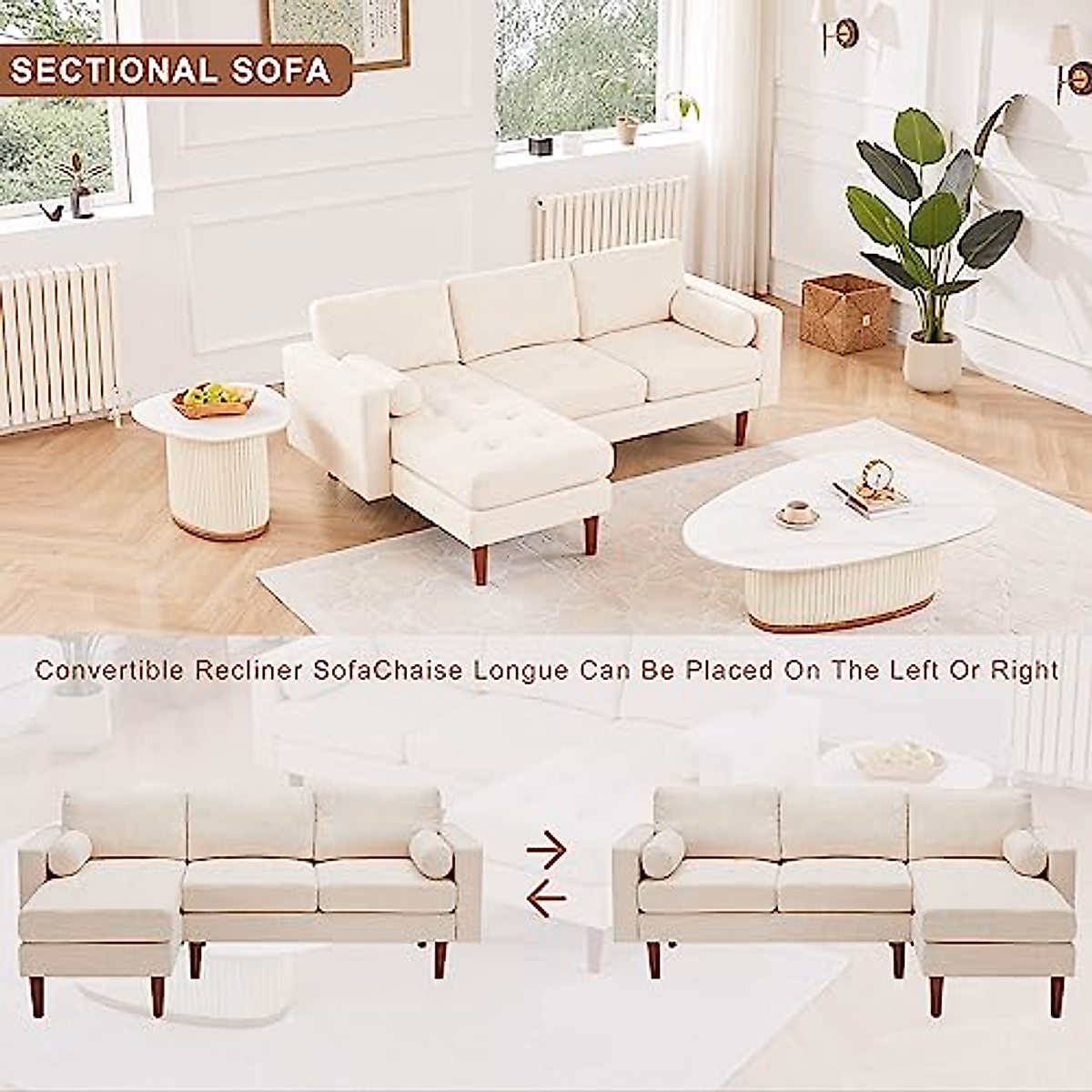 Tbfit 80"W Sectional Sofa Couch, L Shaped Couch with Reversible Chaise, Mid Century Modern Linen Fabric Couches for Living Room Apartment Small Space, Convertible Sofa with Tufted Seat Cushion, Beige