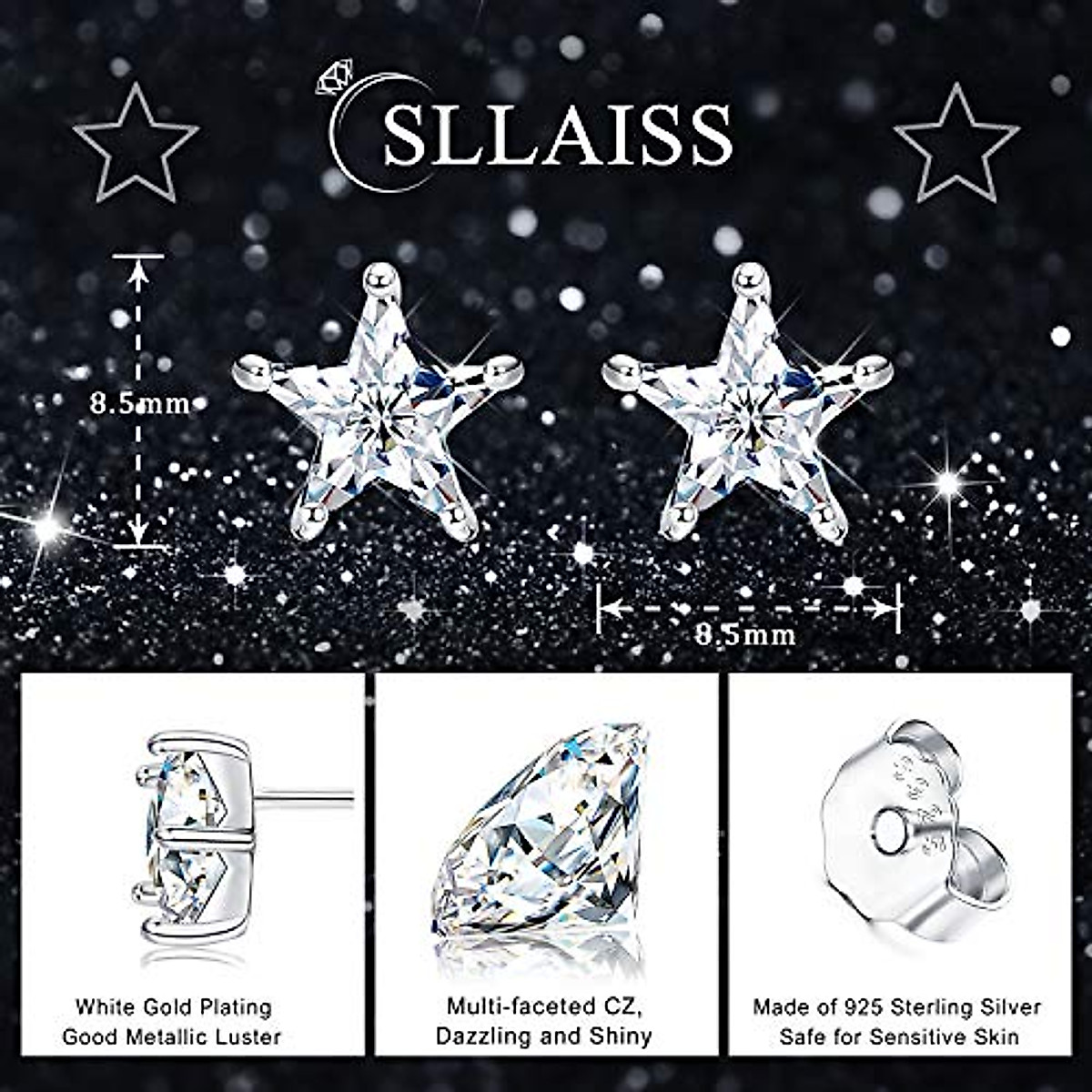 Sllaiss Sterling Silver Star Stud Earrings Cute CZ Stud Earrings for Women Men Dainty Earrings Stud Jewelry Gifts(Star)