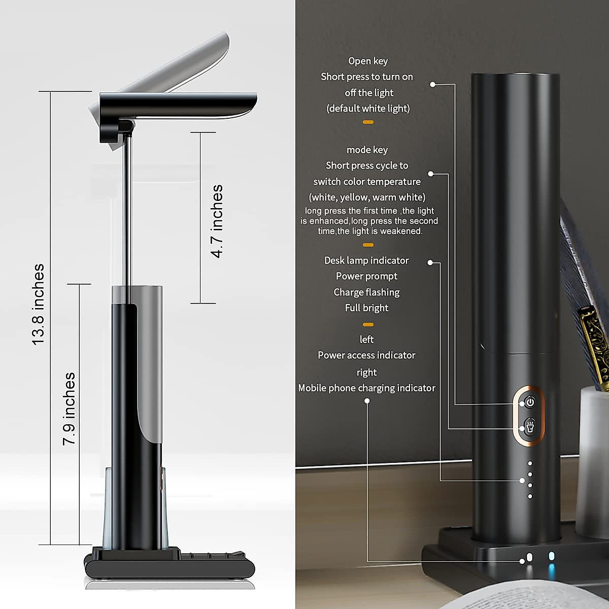 Mostop Led Desk Lamp, Desk Lamp with Wireless Charger 15W, USB Charging Port, Eye Protection Table Lamp with Pen Holder, Small Desk Study Lamp for Home Office,3 Brightness Levels