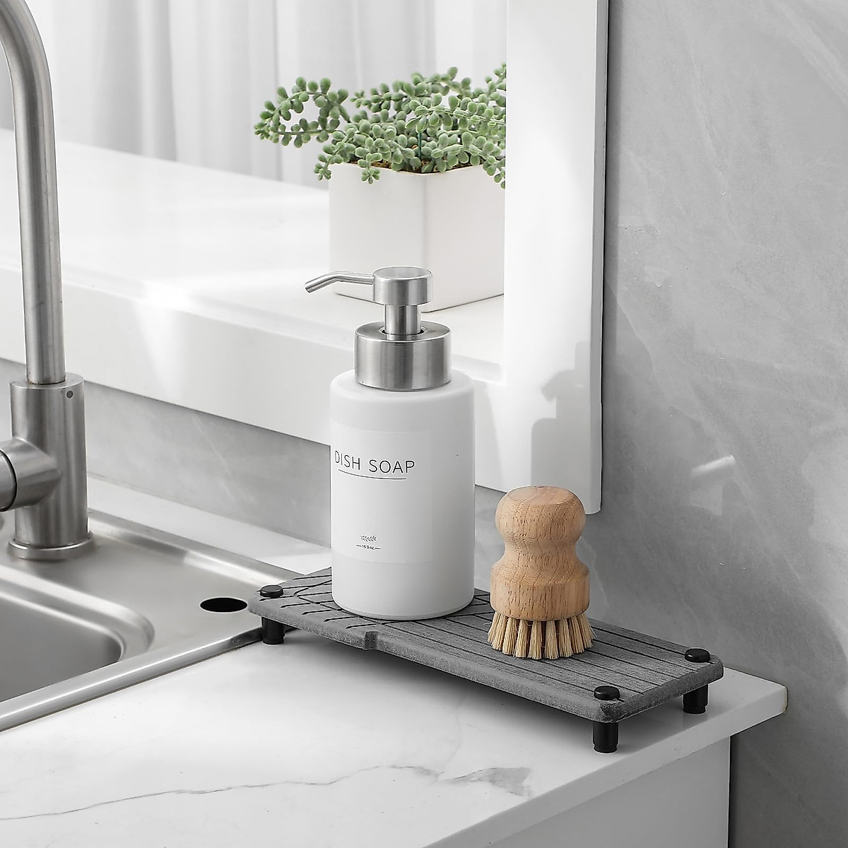 Black Bathroom Vanity Tray and Instant Dry Sink Caddy Kitchen Sponge Soap Holder Dispenser Organizer Stone Tray for Sink, Bathroom, Counter, Small, Foam,